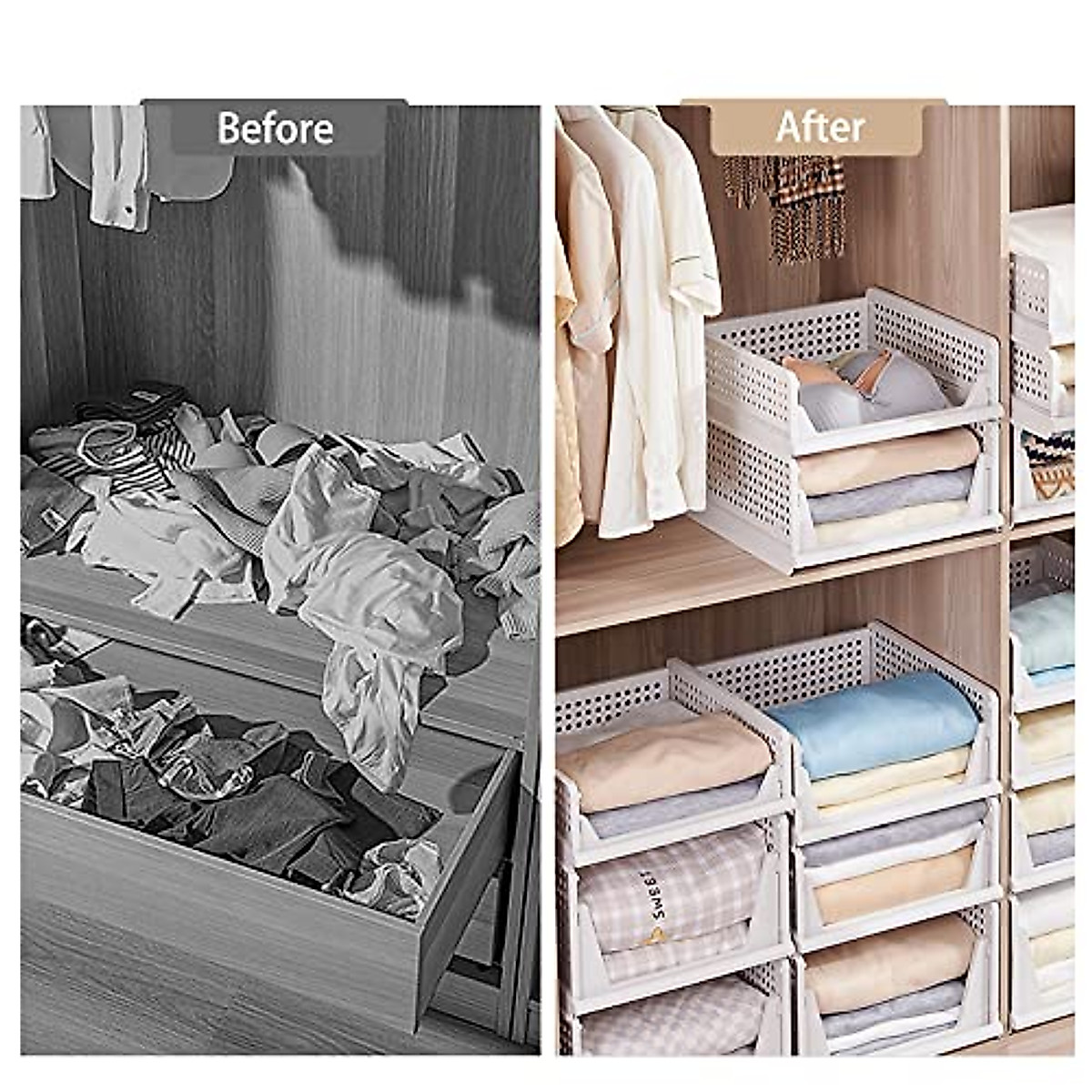 WDPUCHU Stackable Plastic Storage Basket-Foldable Closet Organizers and Storage Bins - Drawer Shelf Storage Container for Wardrobe Cupboard Kitchen Bathroom Office (White Large-4 Pack)