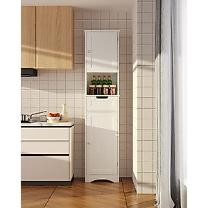 Gizoon 67" H Tall Bathroom Storage Cabinet w/ 2 Doors & 1 Drawer, Narrow Linen Tower Freestanding w/Adjustable Shelves for Home, Kitchen, Versatile, Anti-Tipping, White