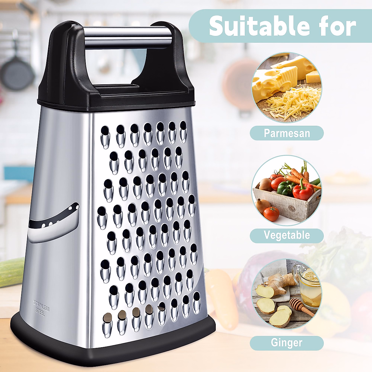 Kaishun Professional Cheese Grater, XL Size 4-Sided Stainless Steel Box Grater, Food Shredder for Cheese, Parmesan, Vegetable, Dishwasher Safe, Black