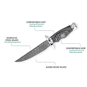 Perkin Damascus Steel Hunting Knife with Leather Sheath