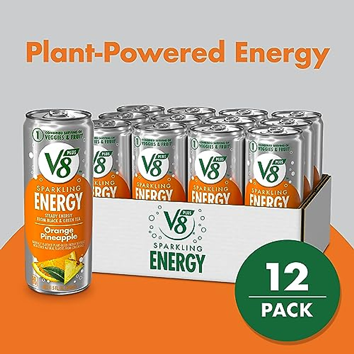 V8 +SPARKLING ENERGY Orange Pineapple Energy Drink, Made with Real Vegetable and Fruit Juices, 11.5 FL OZ Can (Pack of 12)