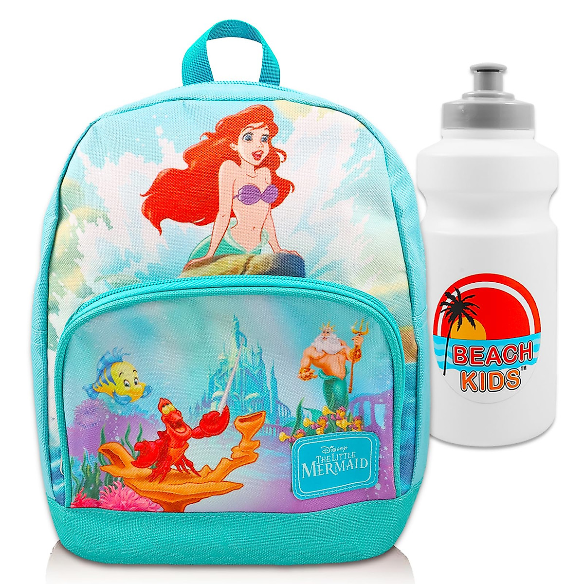 The Little Mermaid Mini Backpack Set - 10” Canvas Ariel Backpack with Front Pocket and Bottle | Little Mermaid Backpack Bundle