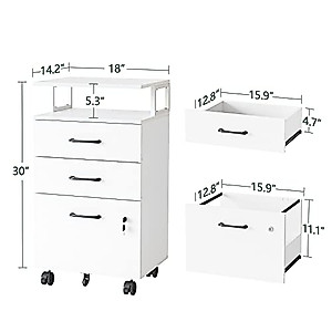 FEZIBO File Cabinet with Lock for Home Office, 3-Drawer Rolling Filing Cabinet, Home Office File Cabinet for A4/Letter/Legal Size, Printer Stand, Wooden Storage Cabinet, White