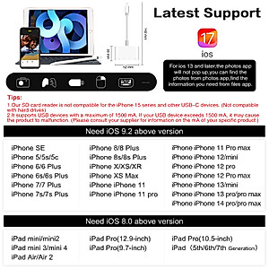 SUNTRSI SD Card Reader for iPhone,USB Camera Adapter 4 in 1 USB Female OTG Adapter for SD/TF Card, Memory Card Reader USB Adapter for iPhone with Charging Port,Plug and Play