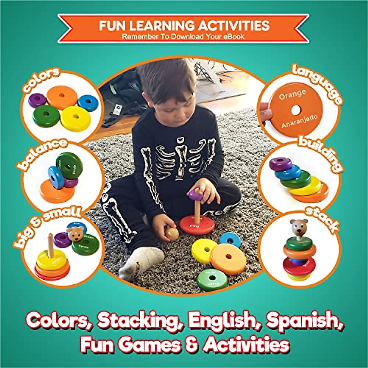 KIDS KORNER Baby Toys Wooden Stacking Rings - Bilingual Educational Toys for 2 Year Old | Learn Rainbow Colors in English & Spanish with Toddler Games Learning Activities Ebook