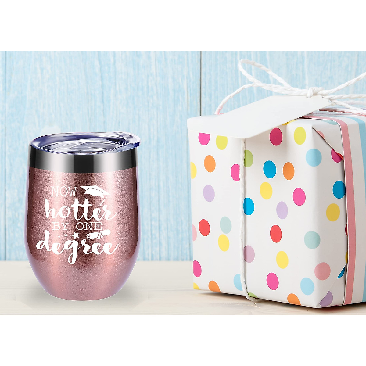 momocici Now Hotter by One Degree 12 OZ Wine Tumbler.Graduation Gifts. Gift for College and High School Graduates.College Grad Masters Degree Gifts for Men Women Mug(Rose Gold)