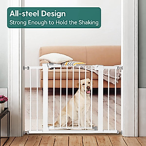 Babelio Auto Close Baby Gate with Small Cat Door, Metal Cat Gate for Doorway, Stairs, House, Easy Walk Thru Dog Gate with pet Door, includes 4 Wall Cups and 4 Extension Pieces, White