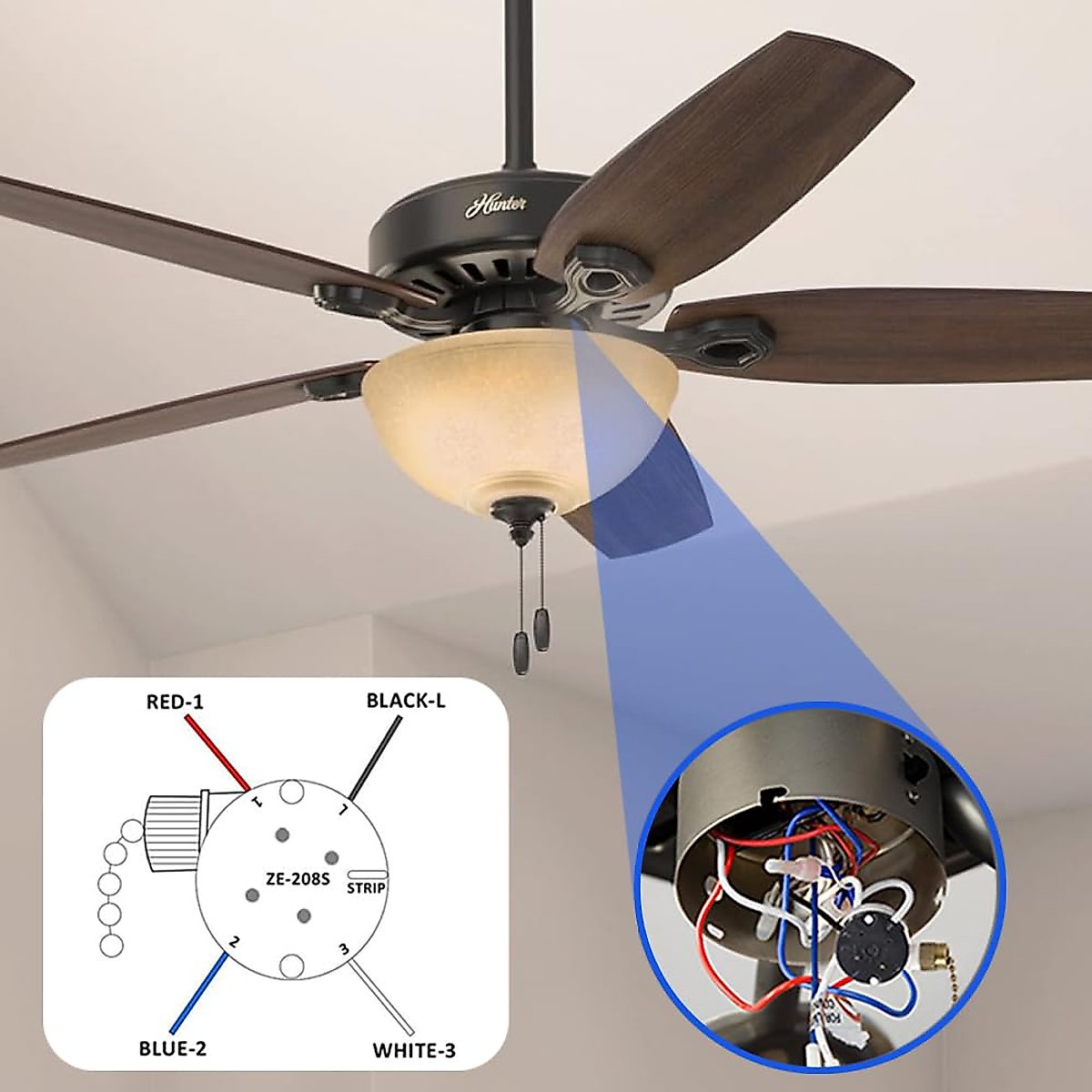 Ceiling Fan Switch Zing Ear ZE-208s E89885 3 Speed 4 Wire Pull Chain Switch Fan Light Switch Replacement Part with 4 Pre-Installed Wires(Nickel Chain)