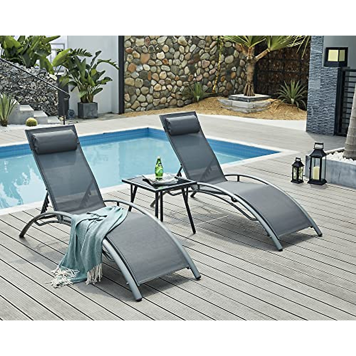 Tappio 2Pcs Chaise Lounge Chair Set, Patio Lounge Chairs for Outside Pool, Patio Chair with Adjustable Backrest for Outside in Swimming Pool, Beach Chaise Lounge Outdoor Recliner with Arm, Grey