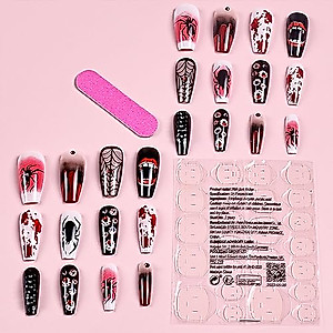 Halloween Long Press on Nails Coffin Fake Nails French Acrylic Nails with Rhinestone Spider Spiderweb Blood Drops Eyeballs Full Cover Horror Pattern Designs Artificial Nails Stick on Nails for Women and Girls 24 Pcs