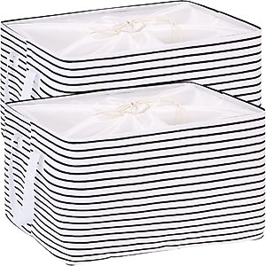 Hinwo 102L XXL Storage Bins, 2-Pack Closet Organizers and Storage, Foldable Clothes Storage Baskets with Handles, Containers for Clothing, Blanket, Comforters, Toys, Bedding (Black Stripe)