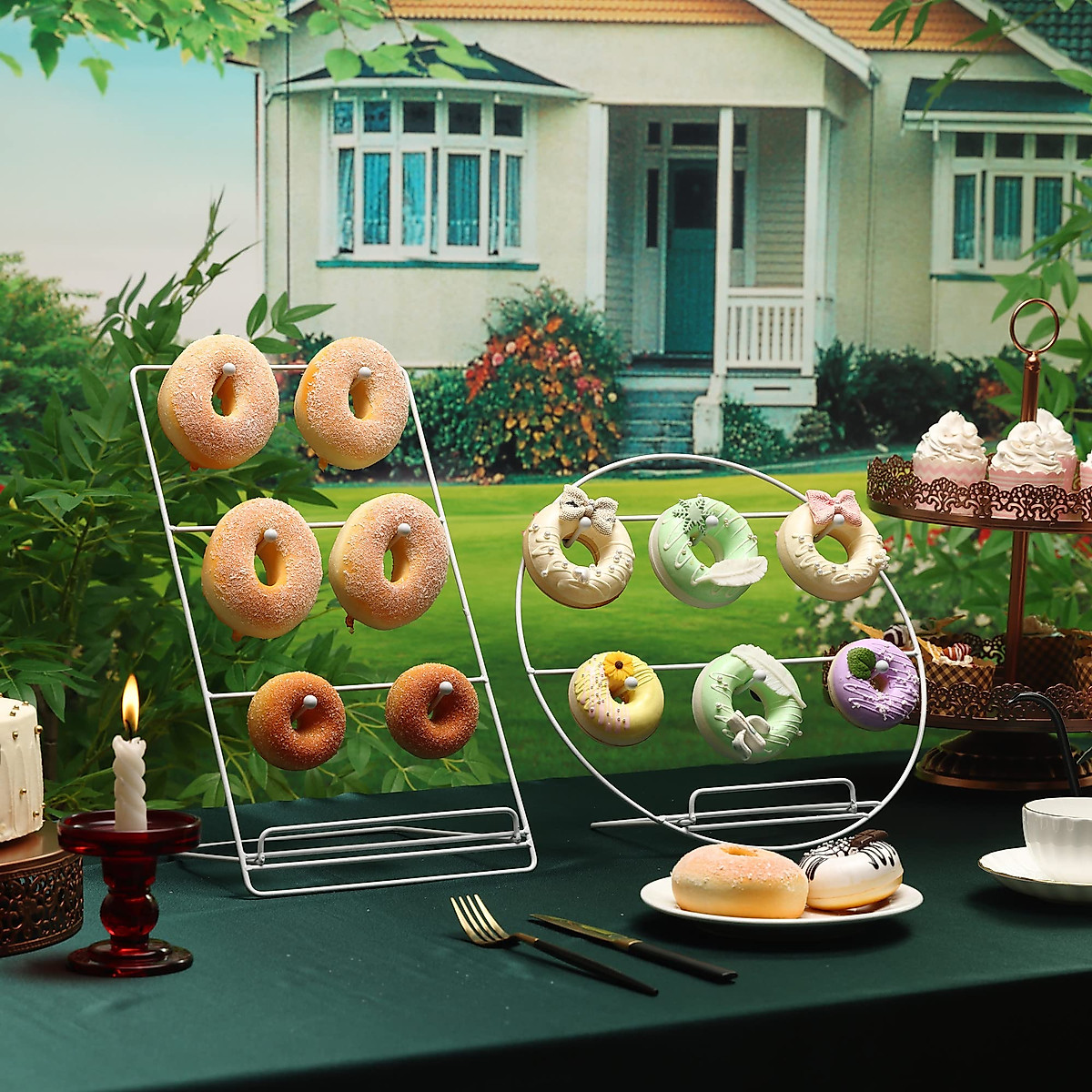 4 Pack Metal Donut Wall Display Stands Set, Reusable Doughnut Bagel Holder White Round Donuts Stand Rack Holds up 10cm 24 Donuts for Dessert Display Table Treat Parties Decorations