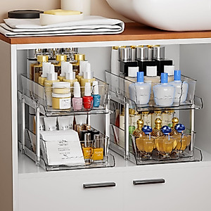2 Sets Large Capacity Under Sink Organizers And Storage,Multi-Purpose 2 Tier 9.6"Tall Under Bathroom Sink Organizer and Under Cabinet Storage,Clear Pull Out Medicine Cabinet Organizer With 8 Dividers
