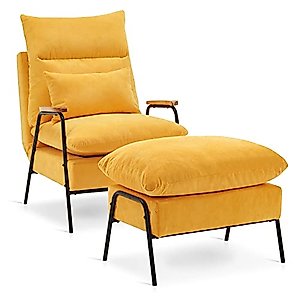 MCombo Modern Accent Recliner with Ottoman, Linen Fabric Armchair with Adjustable Backrest, Single Sofa Chair for Living Room Bedroom 4055 (Yellow)