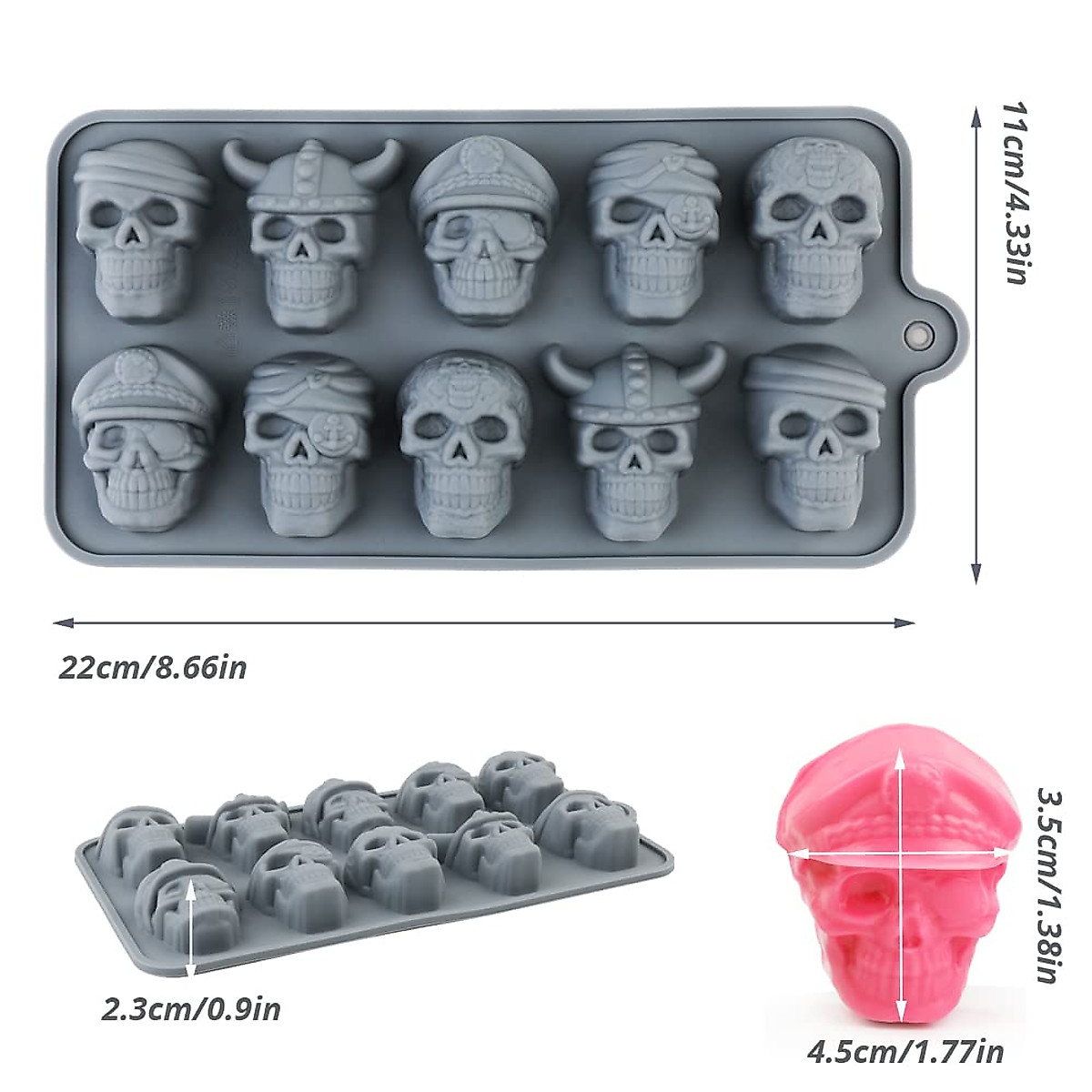 Skull Silicone Candy Mold for Hard Candy, Chocolates, Crayon, Jelly, Fondant, Jello,Whiskey Ice Cube Mold, Halloween Party Decoration, Pack of 2