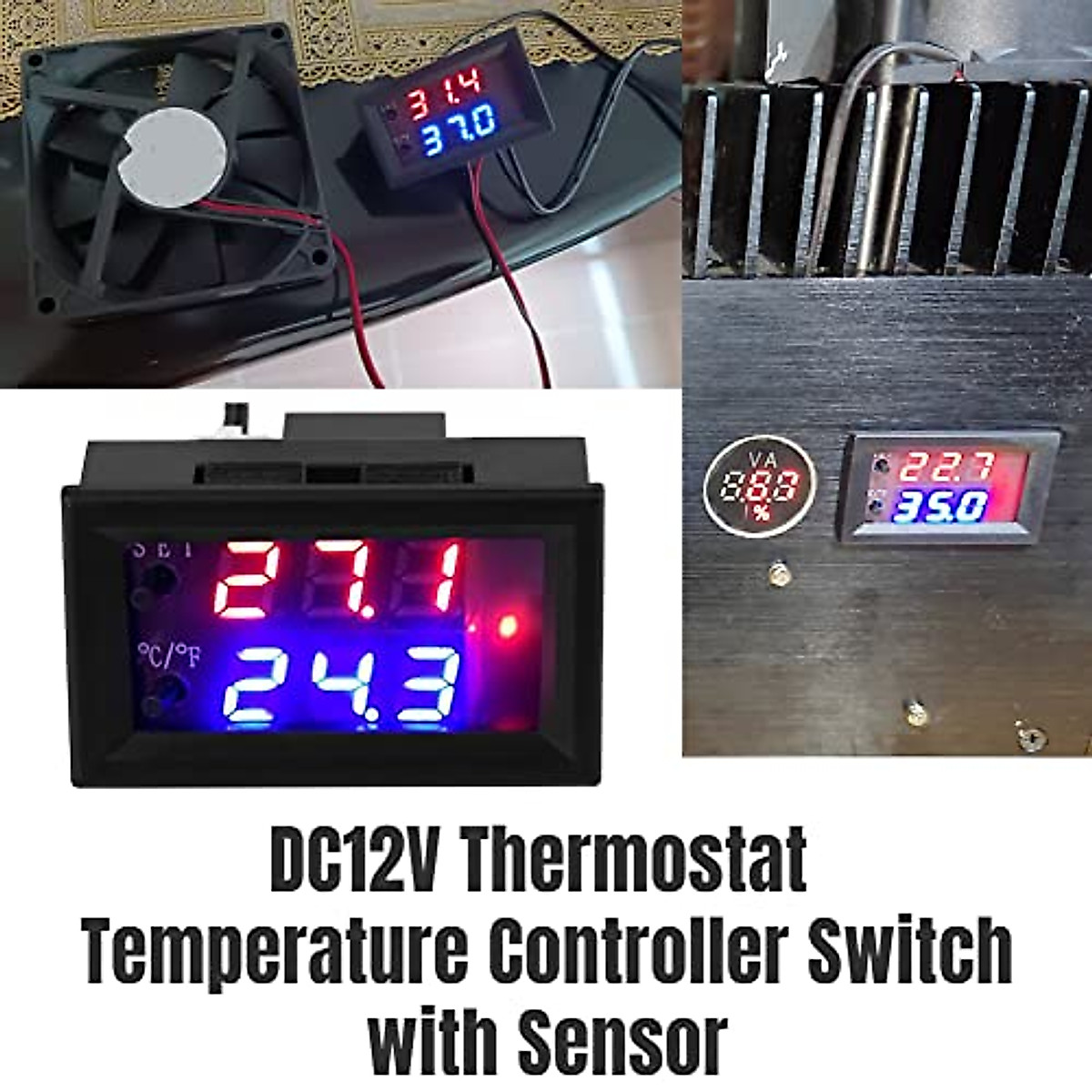 DC 12V All Purpose Digital Temperature Controller Thermostat with Sensor Programmable Dual Color LED Display Monitor
