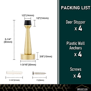 QOGRISUN's Heavy Duty Solid Brass Door Stops,3-1/4-inch Total Length of Decorative Door Stopper Wall Protector with Rubber Bumper Tip - Brushed Brass (4-Pack)