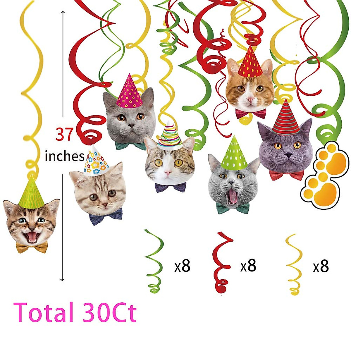 Cat Hanging Swirl Decorations,Pet Cat Birthday,Cat Face Decorations for Girls,Boys,Kids,Toddler and Adults,Home,Classroom,School(30Ct)