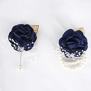 WANLIAN Wrist Corsage Rose Bridesmaid Wedding Flowers Prom Corsage And Boutonniere Set for Wedding Party Prom Groom Bridal (Navy blue)