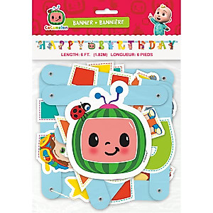 Cocomelon Birthday Party Supplies Bundle Pack includes 16 Dessert Plates, 16 Lunch Plates, 16 Napkins, 1 Table Cover, 1 Happy Birthday Banner, 1 Dinosaur Sticker Sheet (Bundle for 16)