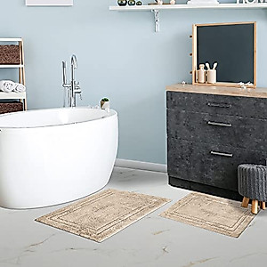 SUPERIOR Non-Slip Cotton 2 Piece Bath Rug Set with Spray Latex Backing, 20" x 30", 24" x 36", Stone