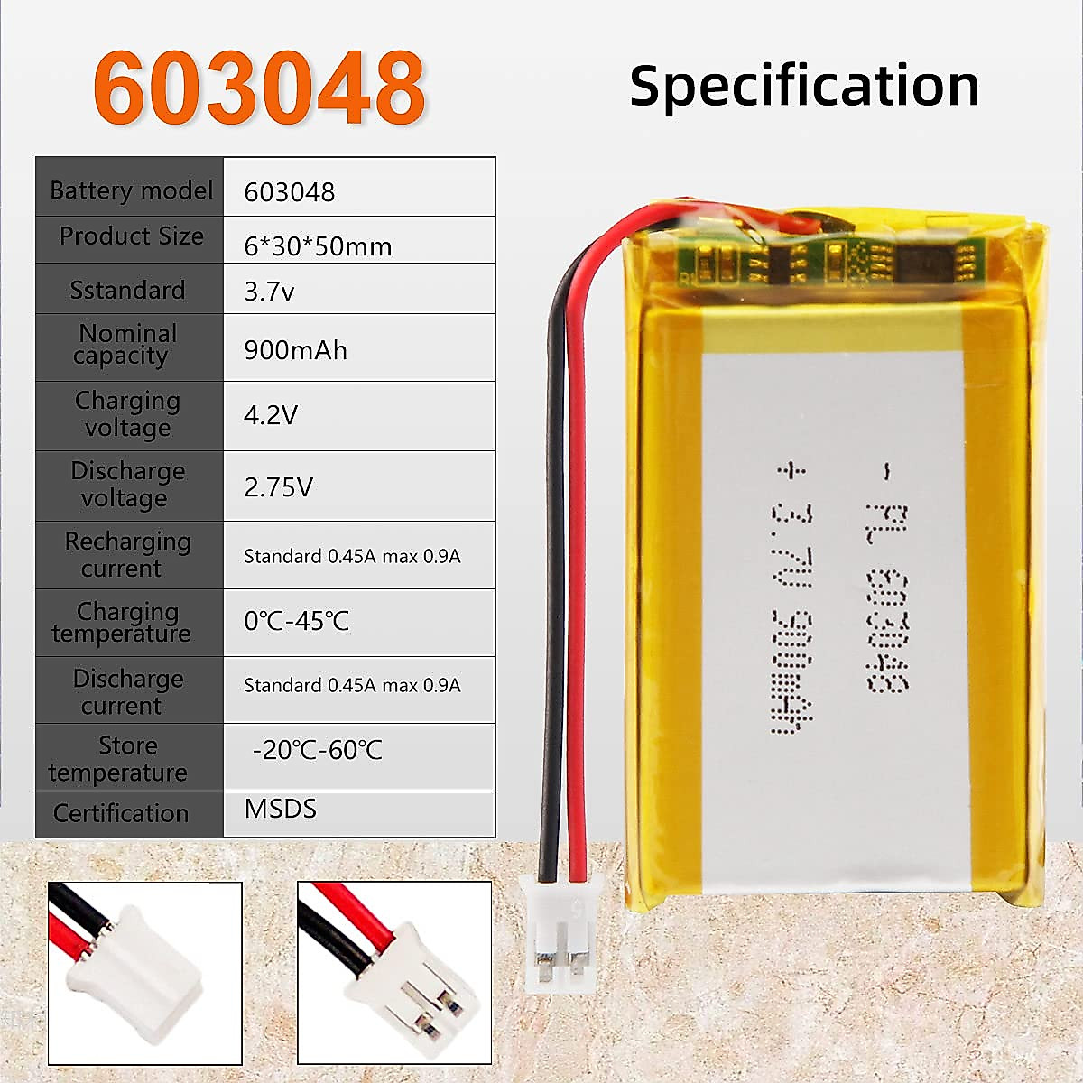 YDL 3.7V 900mAh 603048 Lipo Battery Rechargeable Lithium Polymer ion Battery Pack with PH2.0mm JST Connector