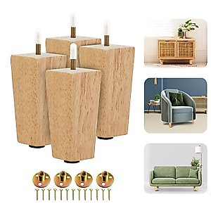 Yes4All 4.5 Inches Square Wood Furniture Legs Set of 4 - Wooden Replacement Feet for Couch, Bed, Bench - Adjustable Sofa, Ottomans Tapered Leg with Leveler - Nature Rubber Wood Parts for Table, Chair