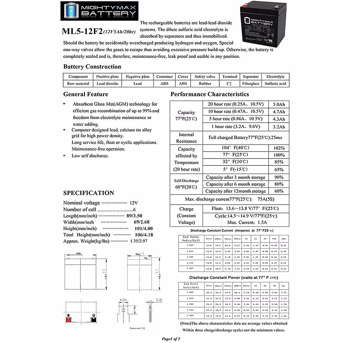 Mighty Max Battery 12V 5Ah F2 SLA Replacement Battery for Neptune Razor E125 16-37 - 6 Pack