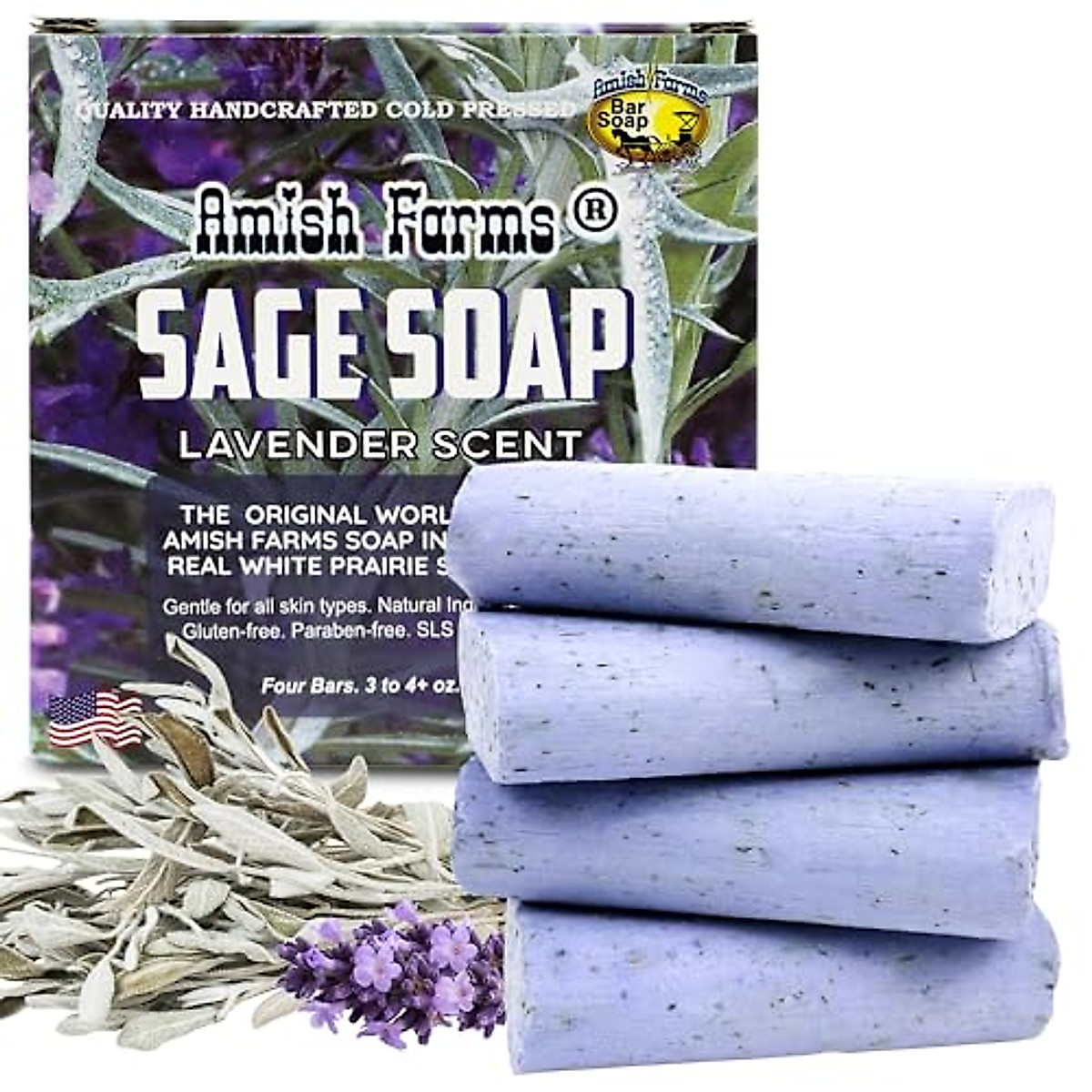 Amish Farms Natural Soap Bar, Exfoliating Sage, Lavender Scent, Made in USA - Vegan Face & Body Soap Scrub for Sensitive Skin - No Parabens or SLS Soap, Handmade Soap (4 Bars)