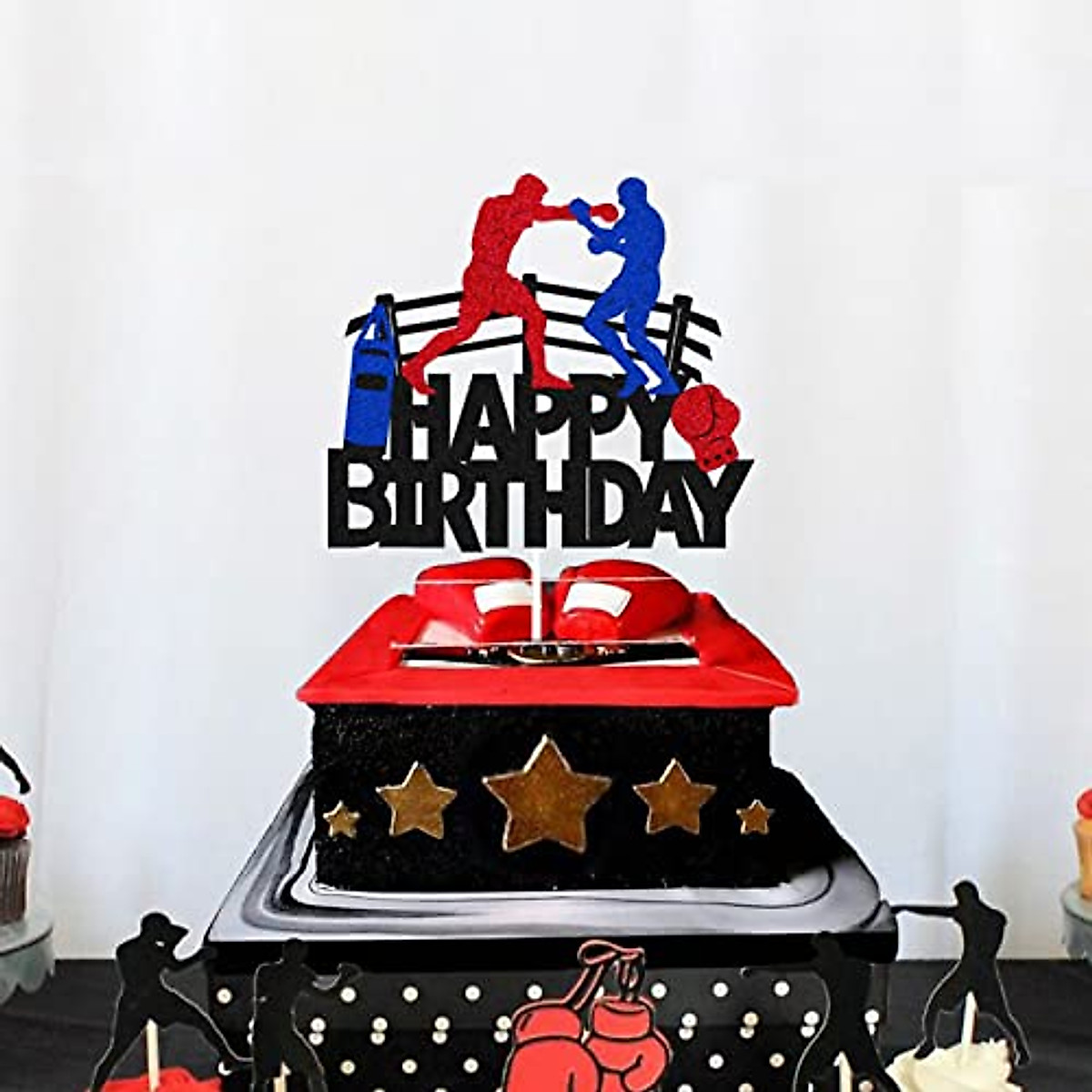 Boxing Cake Topper Bout Pugilist Infighter Beat Boxing Platform Punching Bag Glove Themed Men Kids Boy Girl Birthday Party Cake Decor Happy Bday Event Supplies Double Sided
