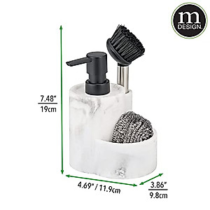 mDesign Kitchen Sink Pump and Storage Caddy Tray Set for Counter - Liquid Dish and Hand Soap Dispenser and Brush Holder Organizer Container for Sponge, Scrubber, and Accessories - Marble