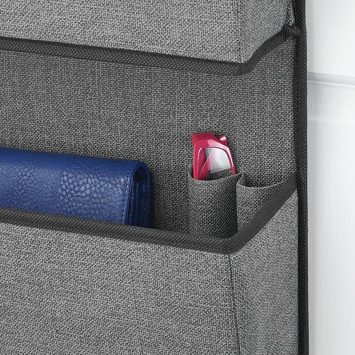 mDesign Fabric Hanging Organizers for Over The Door Storage in Bedroom/Hallway Closets, 3 Pocket Organizer Caddy, Hooks for Clothing, Accessories, Lido Collection, Textured Print, Charcoal Gray/Black