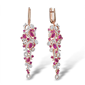 Santuzza 925 Sterling Silver Grape Bunch Shape Gemstone Earrings Created Ruby 14K Rose Gold Long Drop Earrings for Women
