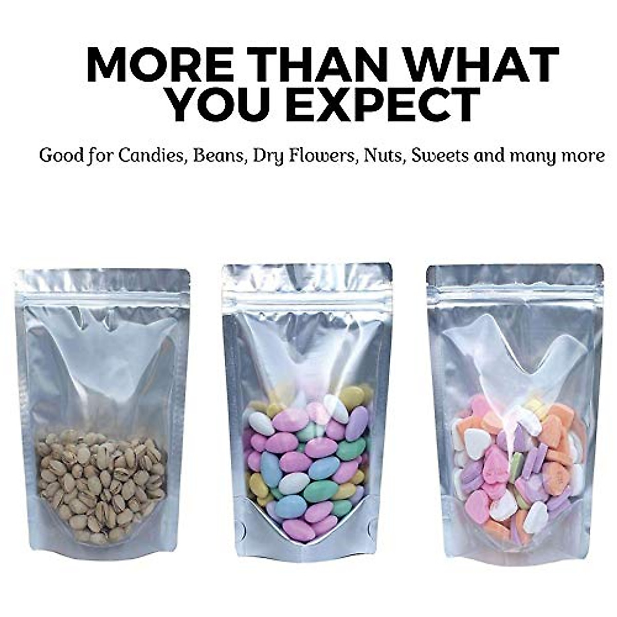 Stand Up Pouches, Resealable Odor Proof Bags, Zip Top Waterproof For Food Storage, Heavy Duty Ziplock, Clear Front With Aluminum Foil Back, Heat Sealable, 5 x 8 inch, 100 Pack