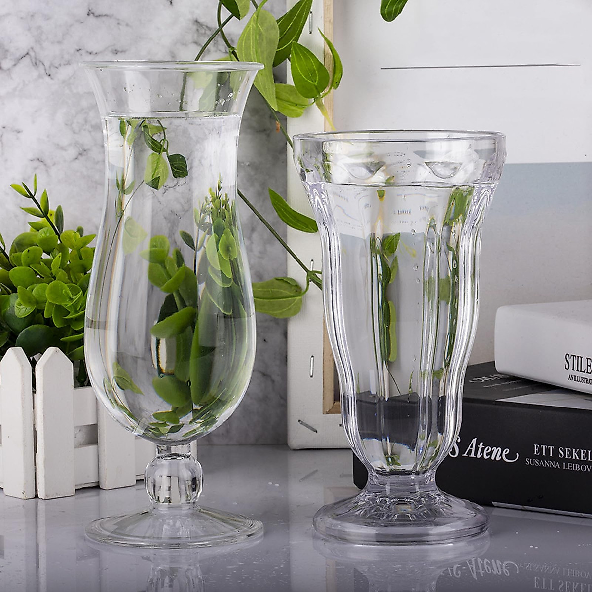 Cheardia 6 Pack Plastic Milkshake Glasses, 13.5 oz Old Fashioned Soda Glass Footed Ice Cream Cups, Clear Pina Colada Fountain Glasses Milkshake Cups for Sundae, Juice, Tropical Drinks, Party