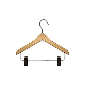 NAHANCO MINI8RC12 Deluxe Flat Wooden Pet, Doll Clothes, Accessory, Jewelry Hanger with Chrome Hook Ball end with Clips, 8", Natural (Pack of 12)