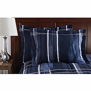 Mainstays Teen Modern Geometric Plaid Navy Blue Reversible Bedding Queen Comforter for Boys (8 Piece in a Bag)