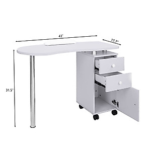 mefeir Manicure Table Nail Desk with Drawers Single Cabinet on Wheels & Arm Rest Cushion, Mobile Beauty Spa Salon Home Wooden Technician Workstation Nail Art Equipment