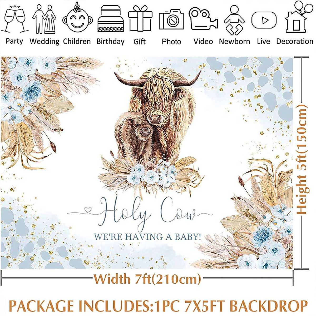 Avezano Highland Cow Baby Shower Backdrop for Boy Holy Cow Highland Cattle Baby Shower Party Decorations Blue We are Having A Baby Shower Party Background(7x5ft)