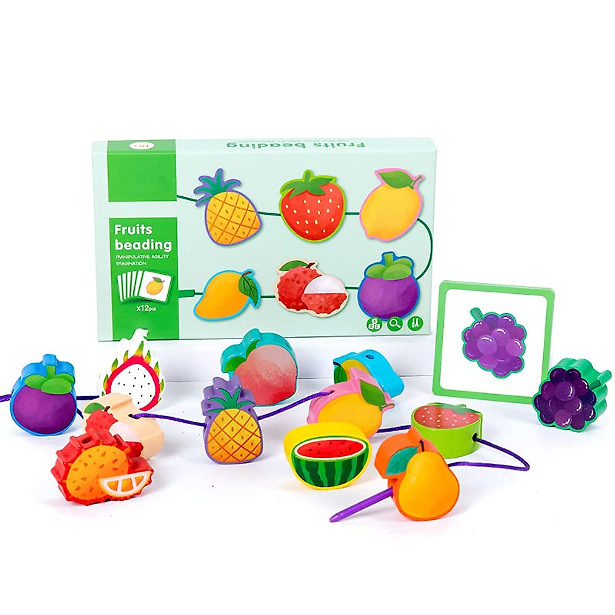 JAQI Montessori Educational Wooden Threading Stringing Toys Dinosaurs Traffic Space Insects Animals Fruits Lacing Beads Preschool Learning Toys for Toddler for Boys Girls (Fruits)