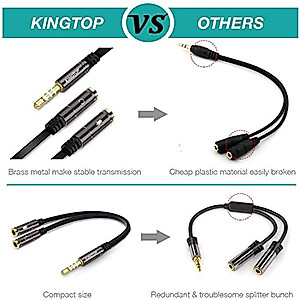 KINGTOP Headphone Splitter 3.5mm, Mic Audio Splitter, Headset Splitter Cable for Gaming Headset with Separate Audio Microphone Jacks (Not for 2 Headphones)