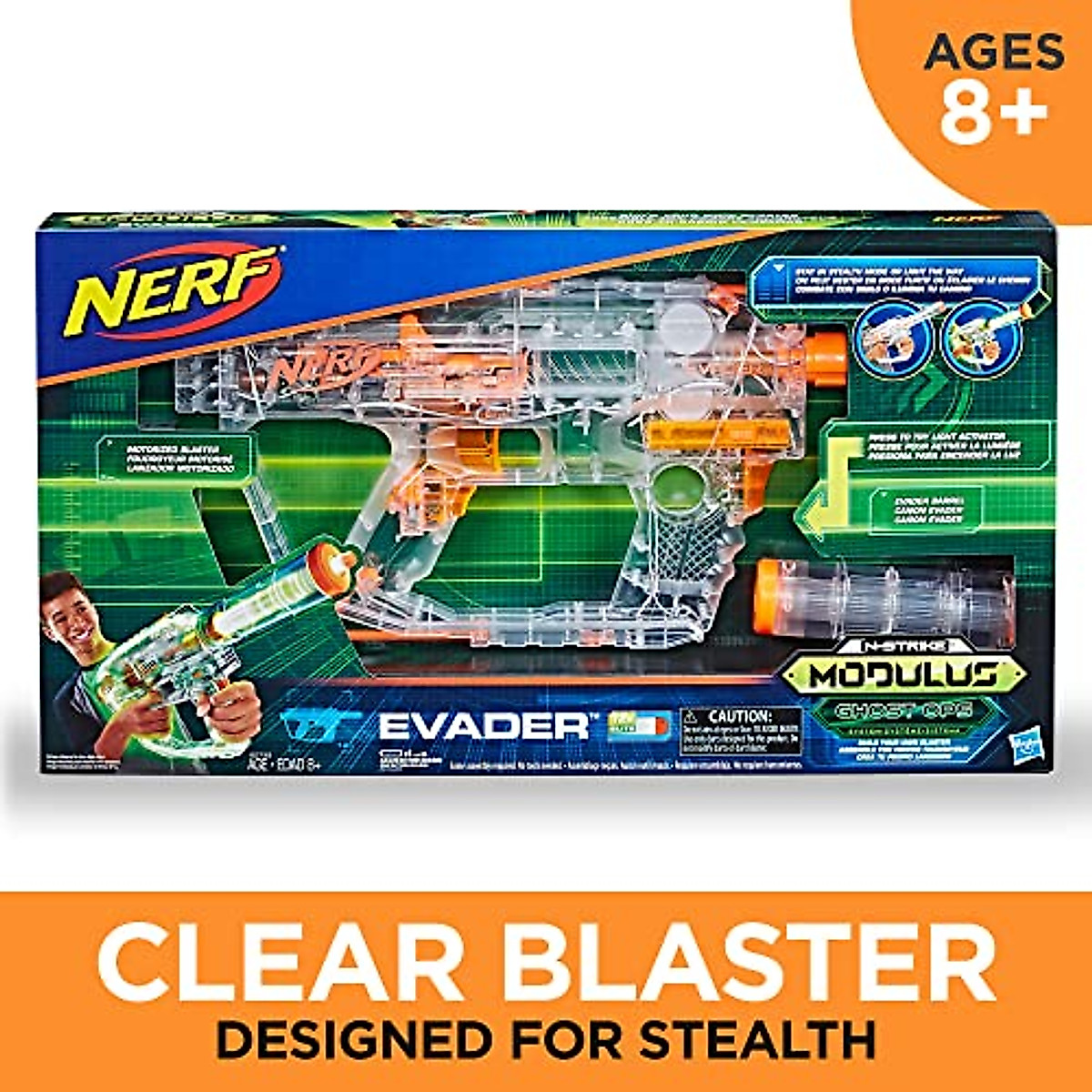 Nerf Modulus Ghost Ops Evader Motorized Blaster - Light-Up See-Through Blaster and Barrel Extension, Includes 12 Official Elite Darts (Amazon Exclusive)