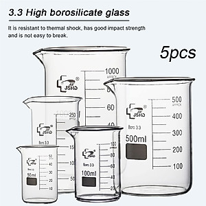 ADAMAS-BETA 5PCS Glass Measuring Beaker Set, Low Form, 50ml 100ml 250ml 500ml 1000ml Graduated Beakers, 3.3 Borosilicate Glass