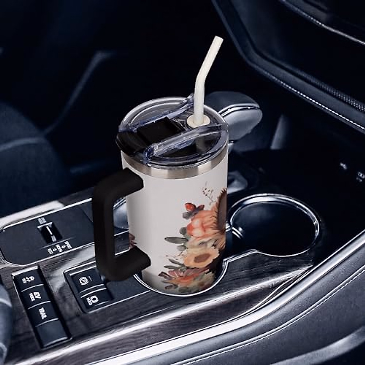 WYUSPGK 40oz Stainless Steel Car Mug, Yorkie Floral Print Travel Mug, Double-Wall Insulated with Straw, Perfect for Car, Office, Outdoor