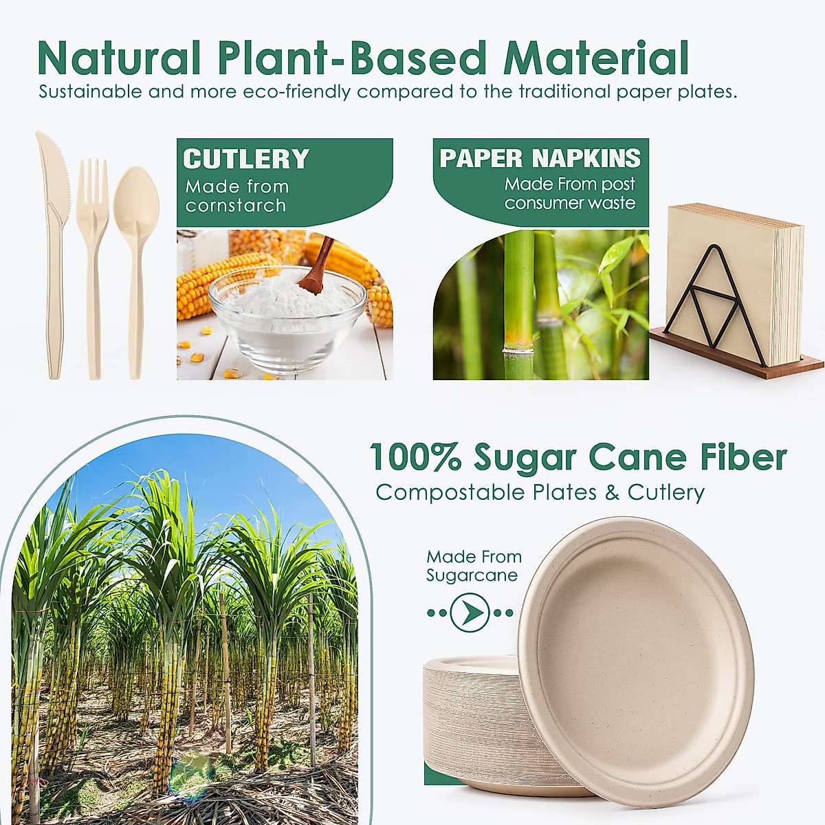 Gezond Compostable Paper Plates Set 300 Pieces Disposable Plates 10-inch Eco-friendly Paper Plates Heavy-duty Utensils and Napkins for Party, Made From Sugarcane Pulp