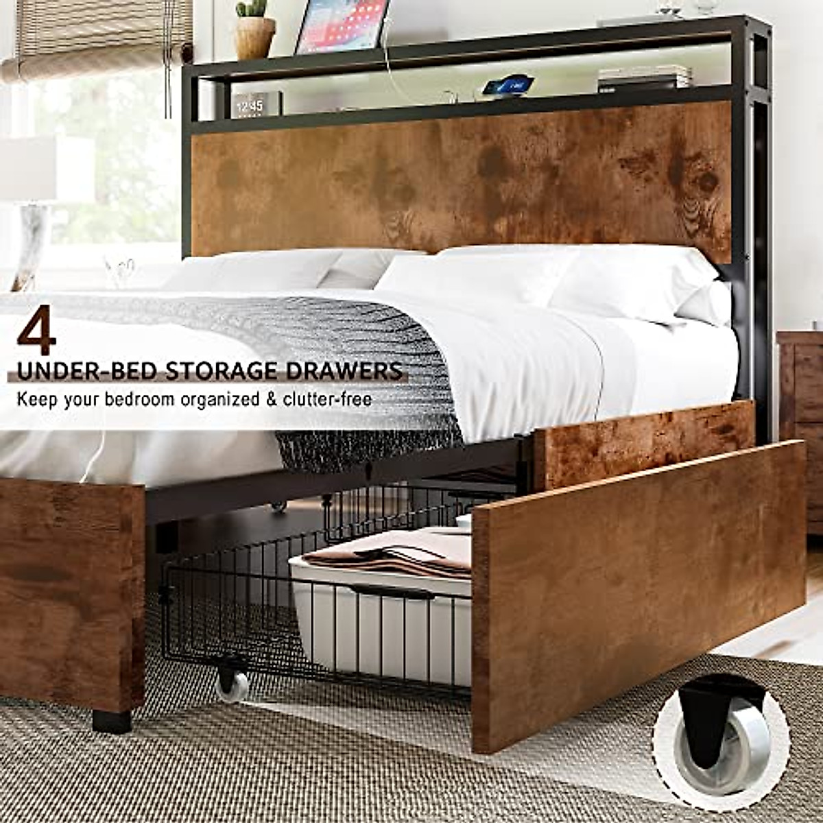 LUXOAK Full Size Bed Frame with 4 Storage Drawers, Wooden Platform Bed with 2-Tires Storage Headboard and Charging Station, No Box Spring Needed/Noise Free/Rustic Brown