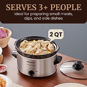 Elite Gourmet MST-275XS Electric Oval Slow Cooker, Adjustable Temp, Entrees, Sauces, Stews & Dips, Dishwasher Safe Glass Lid & Crock (2 Quart, Stainless Steel)