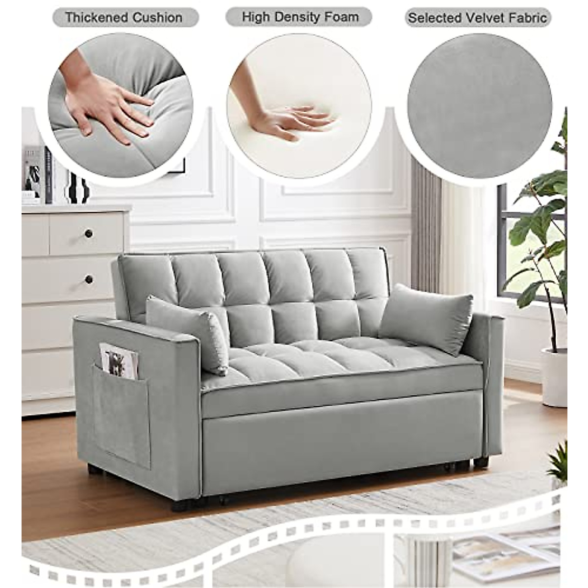 Velvet Pull Out Sleeper Sofa Bed, Convertible Futon Sofa Bed with Reclining Back, Modern Pullout Couch with 2 Pillows and Pockets, Upholstered Small Loveseat for Living Room, Guest Room, Dorm (Grey)