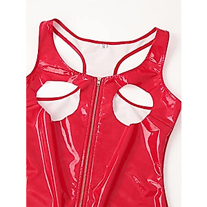 YiZYiF Women's Wetlook Sexy Leather Dress Open Breast Cupless Bodycon Zipper Mini Dress Clubwear Garter Red Medium
