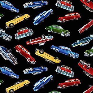 Timeless Treasures Fabrics Novelty Tossed Classic Cars Black